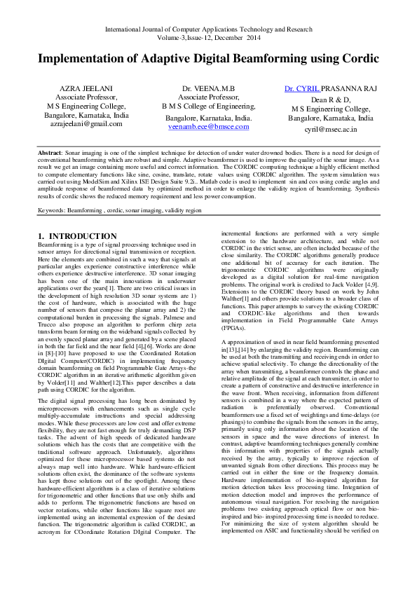 (PDF) Implementation of Adaptive Digital Beamforming using Cordic
