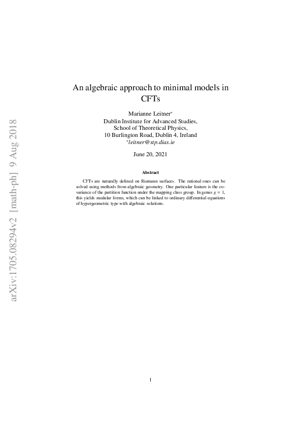 (PDF) An algebraic approach to minimal models in CFTs