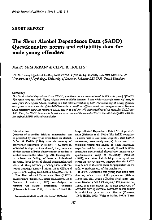(PDF) The Short Alcohol Dependence Data (SADD) Questionnaire: norms and ...