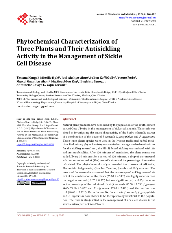 (PDF) Phytochemical Characterization of Three Plants and Their Antisickling Activity in the ...