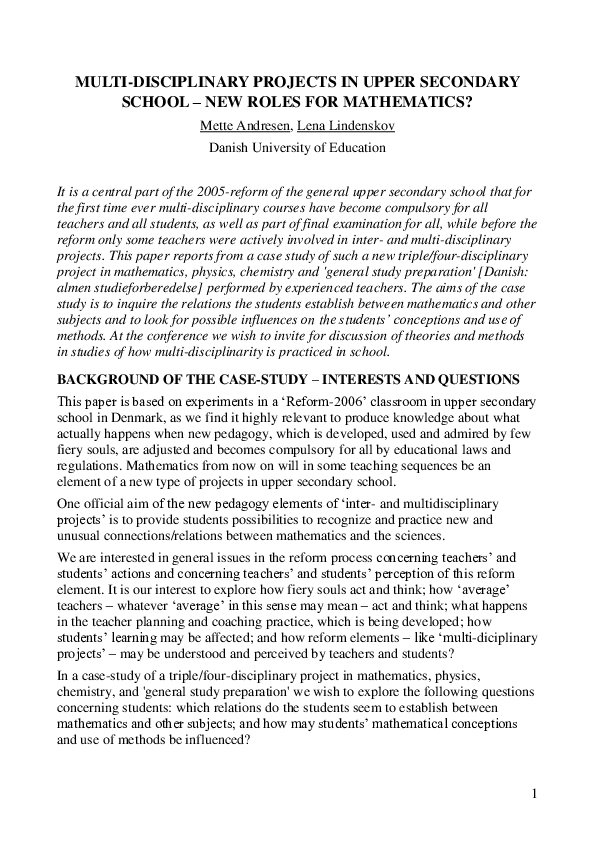 (PDF) MULTI-DISCIPLINARY PROJECTS IN UPPER SECONDARY SCHOOL-NEW ROLES ...