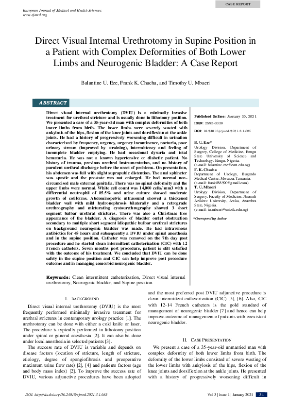 (PDF) Direct Visual Internal Urethrotomy in Supine Position in a ...