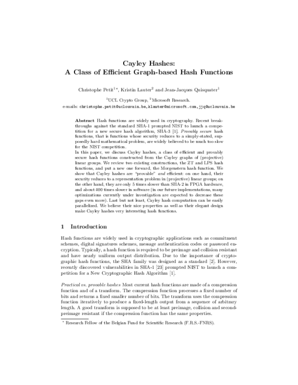 Pdf Cayley Hashes A Class Of Efficient Graph Based Hash Functions