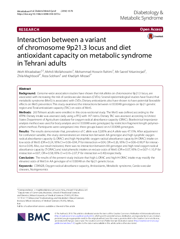 (PDF) Interaction between a variant of chromosome 9p21.3 locus and diet ...