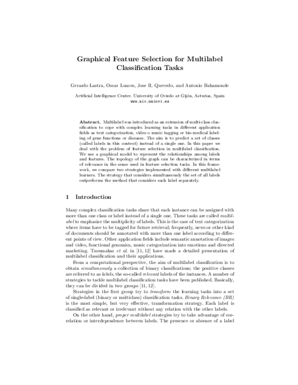 Pdf Graphical Feature Selection For Multilabel Classification Tasks