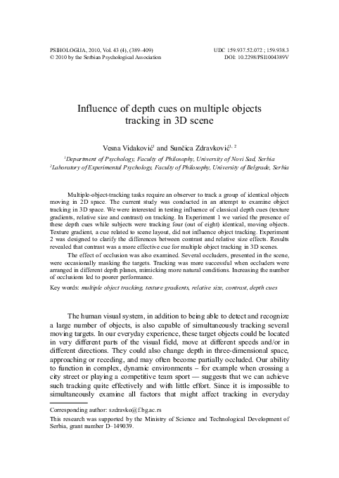 (PDF) Influence of depth cues on multiple objects tracking in 3D scene