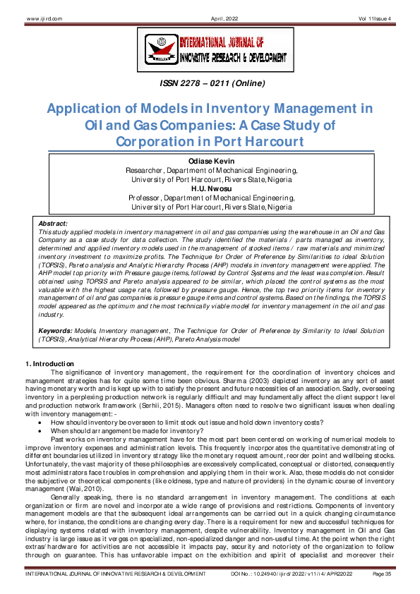 (PDF) Application of Models in Inventory Management in Oil and Gas ...