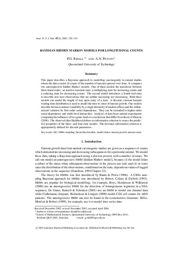 Pdf Bayesian Hidden Markov Models For Longitudinal Counts Gareth Ridall 