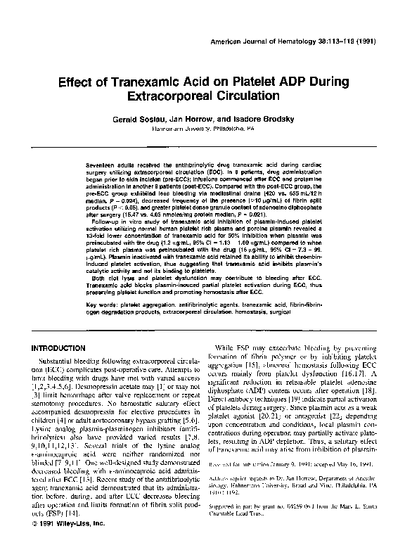 (PDF) Effect of tranexamic acid on platelet ADP during extracorporeal ...