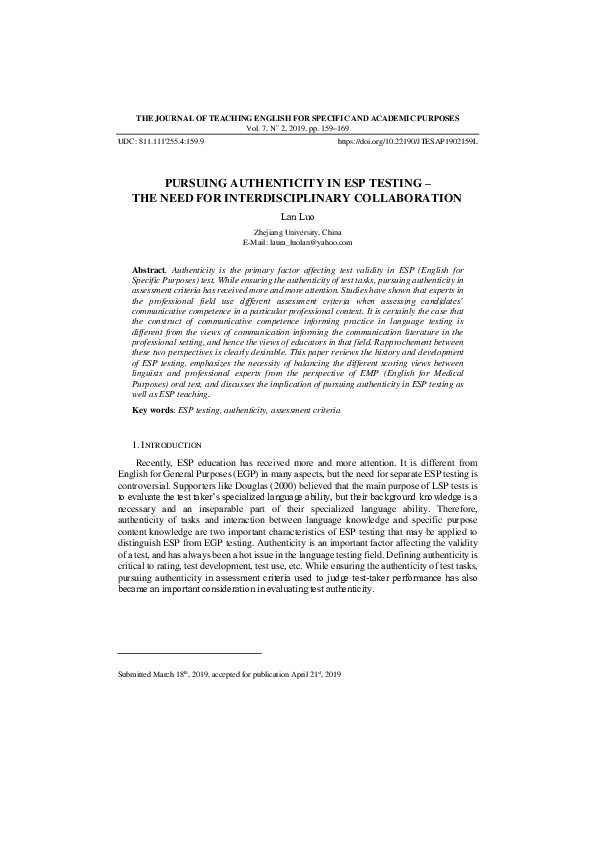 (PDF) English for Specific Purposes (ESP) Testing