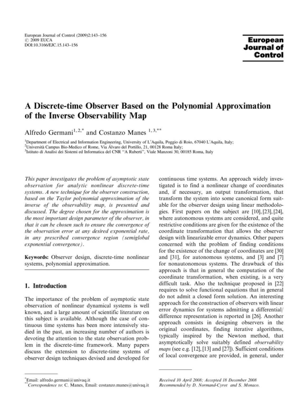 Pdf A Discrete Time Observer Based On The Polynomial Approximation Of The Inverse
