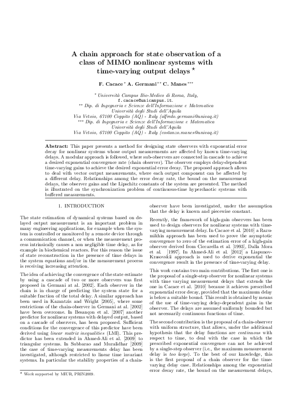 Pdf A Chain Approach For State Observation Of A Class Of Mimo Nonlinear Systems With Time