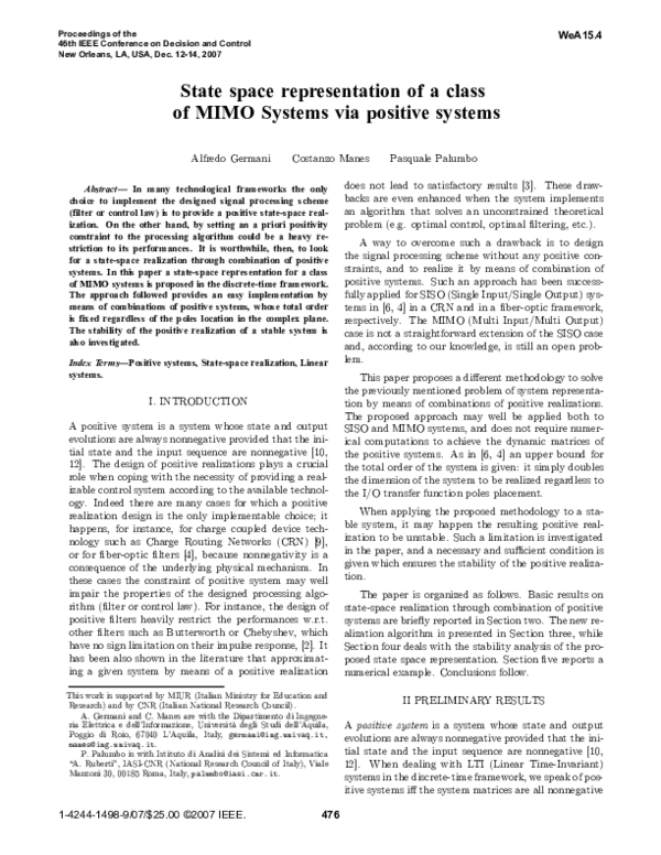 Pdf State Space Representation Of A Class Of Mimo Systems Via