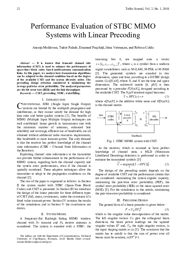 (PDF) Performance Evaluation of STBC MIMO Systems with Linear Precoding