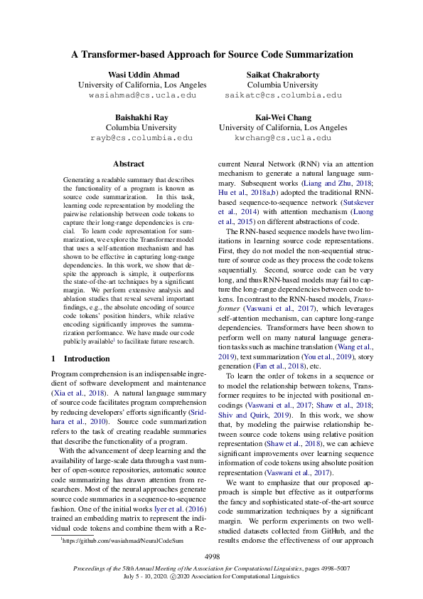 Pdf A Transformer Based Approach For Source Code Summarization 6396