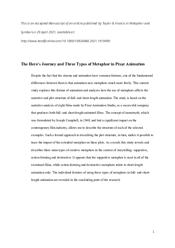 (DOC) The Hero’s Journey and Three Types of Metaphor in Pixar Animation