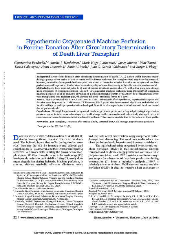 (PDF) Hypothermic Oxygenated Machine Perfusion in Porcine Donation ...