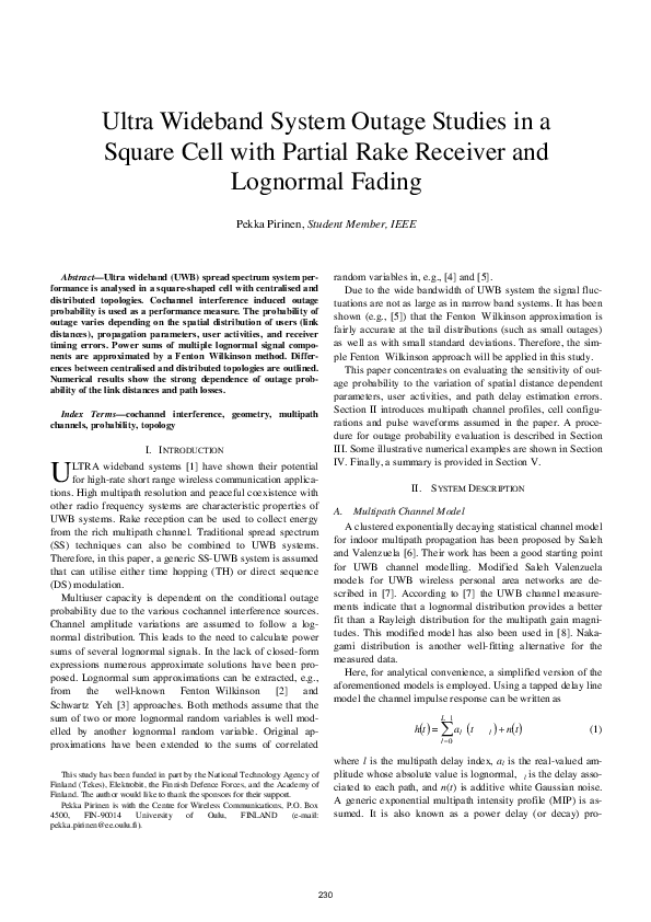 (PDF) Ultra Wideband System Outage Studies in a Square Cell with ...
