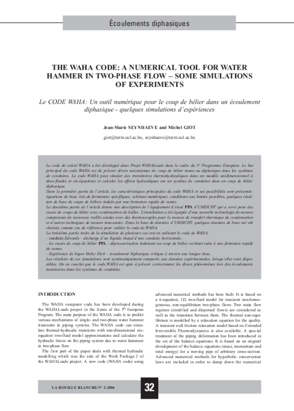 (PDF) The WAHA Code : a numerical tool for water hammer in two-phase ...