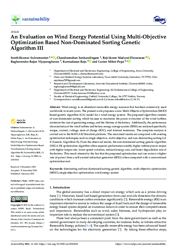 Pdf An Evaluation On Wind Energy Potential Using Multi Objective Optimization Based Non