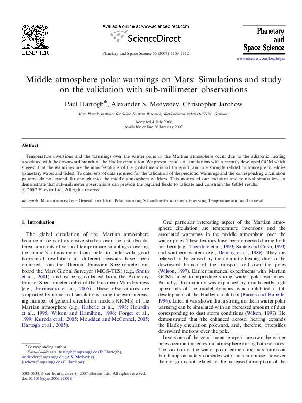(PDF) Middle atmosphere polar warmings on Mars: Simulations and study ...