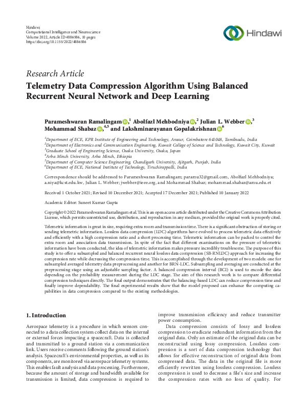(PDF) Telemetry Data Compression Algorithm Using Balanced Recurrent Neural Network and Deep Learning