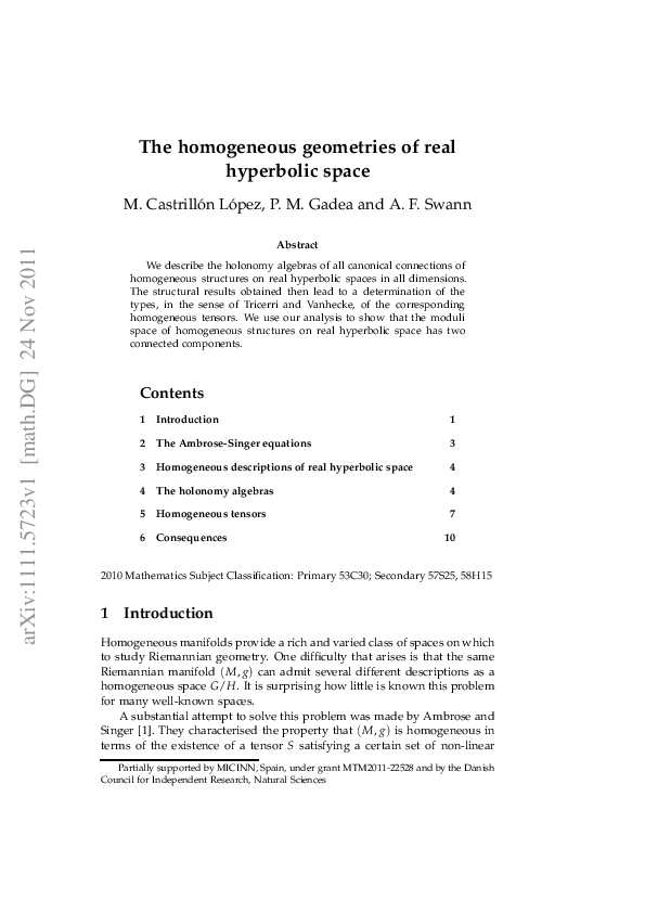 (PDF) The Homogeneous Geometries of Real Hyperbolic Space