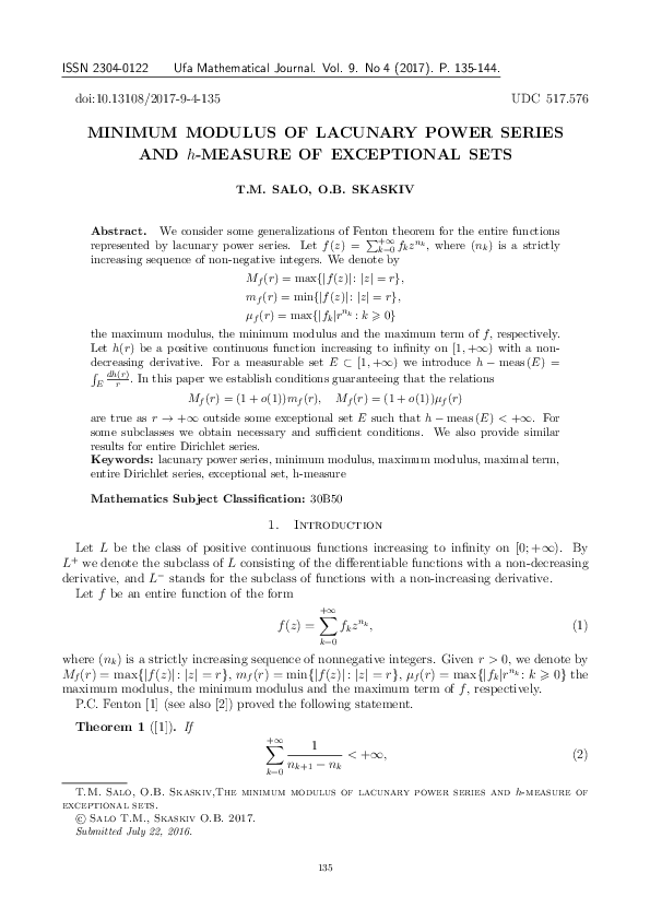 (PDF) Minimum modulus of lacunary power series and $h$-measure of ...