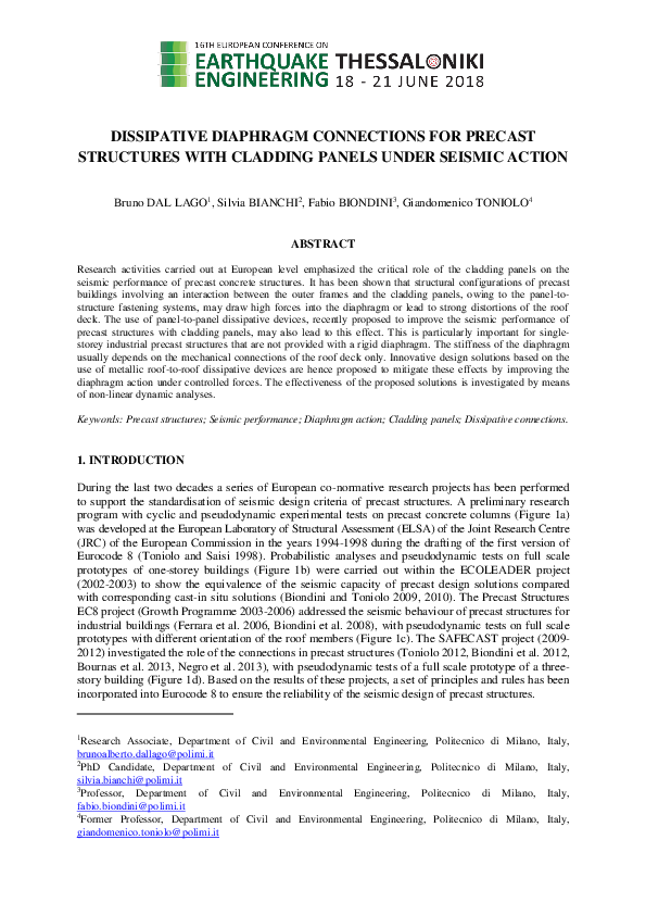 (PDF) Dissipative Diaphragm Connections for Precast Structures with ...