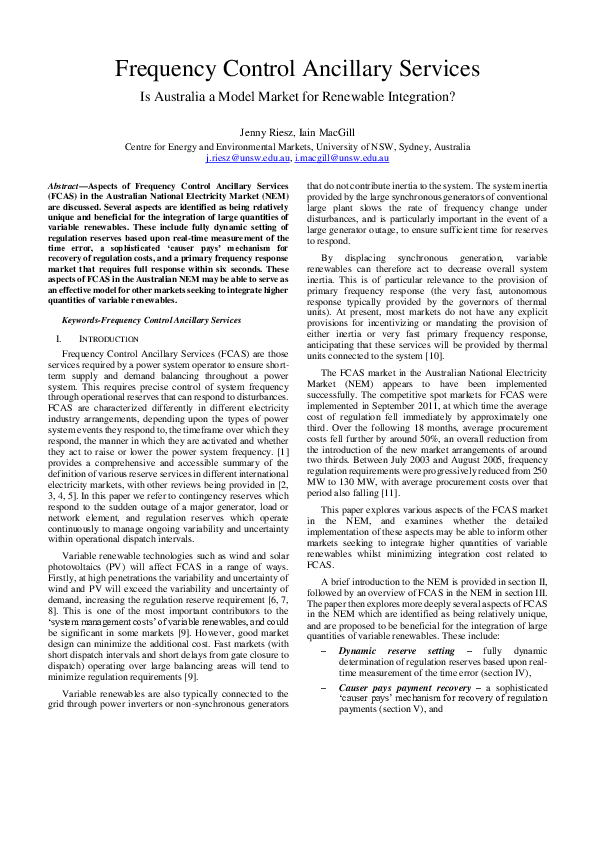 (PDF) Frequency Control Ancillary Services Is Australia a Model Market ...