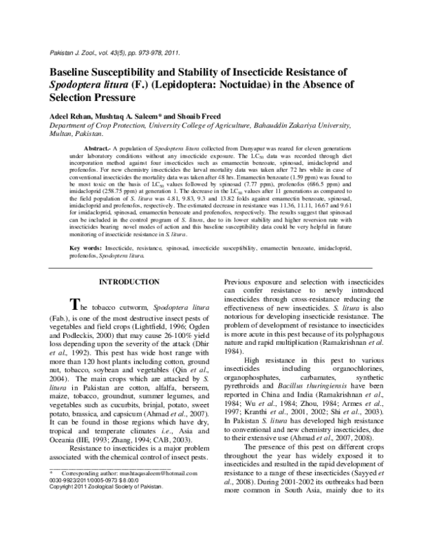 (PDF) Baseline Susceptibility and Stability of Insecticide Resistance of Spodoptera litura (F ...