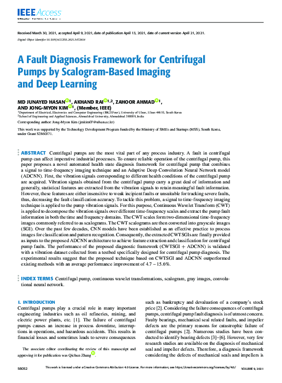 (PDF) A Fault Diagnosis Framework for Centrifugal Pumps by Scalogram-Based Imaging and Deep Learning
