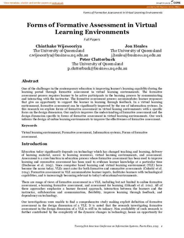 (PDF) Forms of Formative Assessment in Virtual Learning Environments