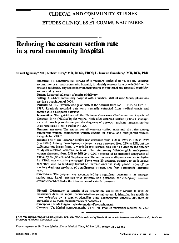 (PDF) Reducing the Cesarean Section Rate in a Rural Community Hospital