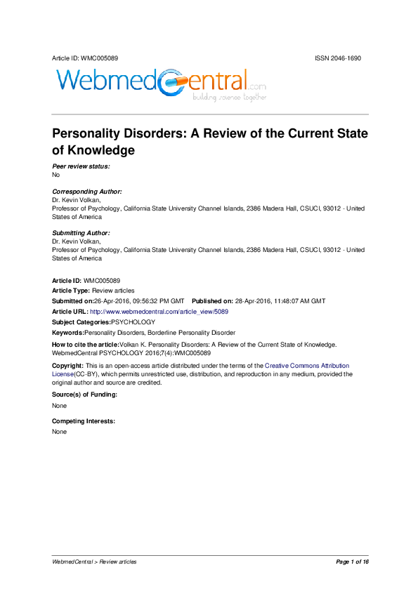 (PDF) Personality Disorders: A Review Of The Current State Of Knowledge ...