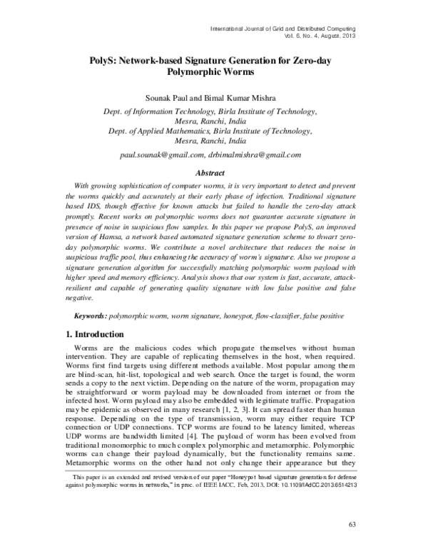 Pdf Polys Network Based Signature Generation For Zero Day Polymorphic Worms Bimal K Mishra