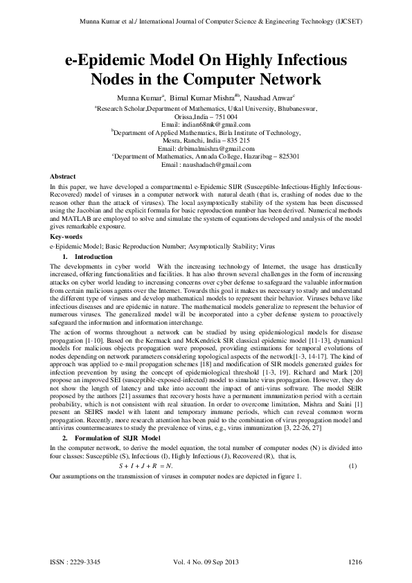 (PDF) e-Epidemic Model On Highly Infectious Nodes in the Computer Network
