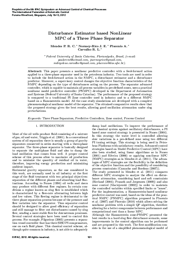 Pdf Disturbance Estimator Based Non Linear Mpc Of A Three Phase Separator