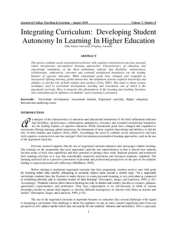 (PDF) Integrating Curriculum: Developing Student Autonomy In Learning In Higher Education