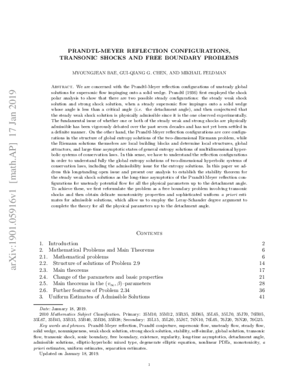 (PDF) Prandtl-Meyer Reflection Configurations, Transonic Shocks, and Free Boundary Problems