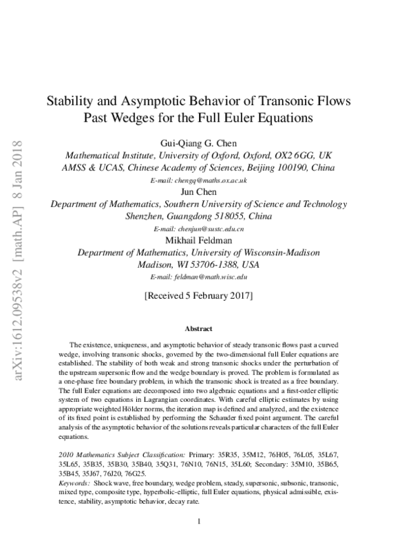 (PDF) Stability and Asymptotic Behavior of Transonic Flows Past Wedges for the Full Euler Equations