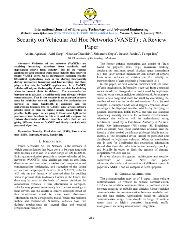 Pdf Security On Vehicular Ad Hoc Networks Vanet A Review Paper