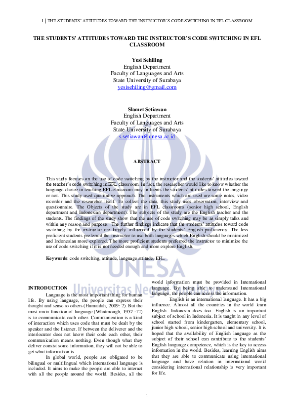 (PDF) The Students' Attitudes Toward the Instructor's Code Switching in Efl Classroom