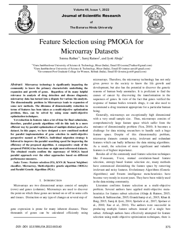 (PDF) Feature Selection using PMOGA for Microarray Datasets