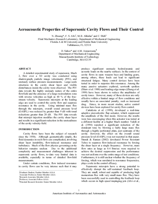 (PDF) Aeroacoustic Properties of Supersonic Cavity Flows and Their Control