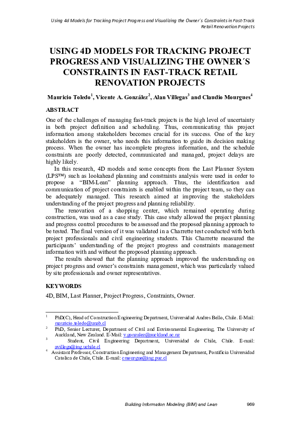(PDF) Using 4D models for tracking project progress and visualizing the ...