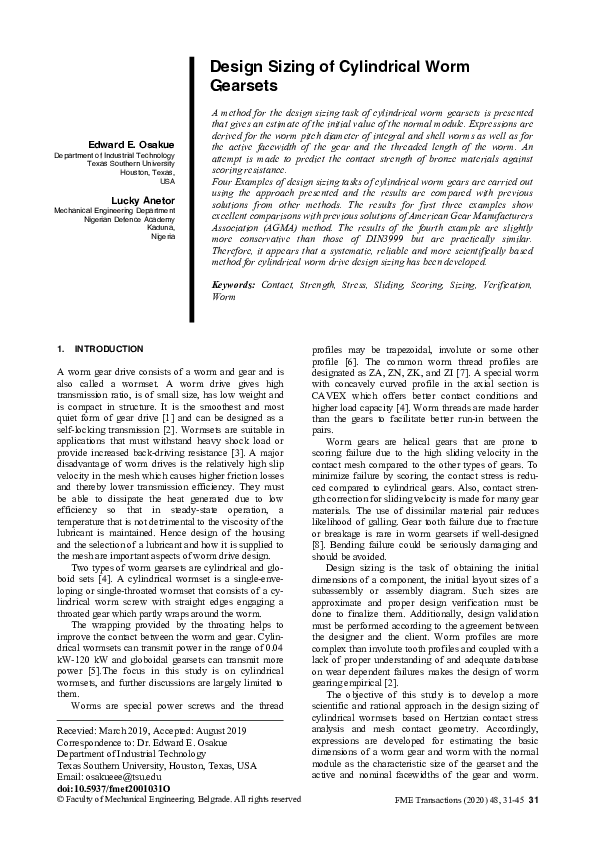 (PDF) Design sizing of cylindrical worm gearsets