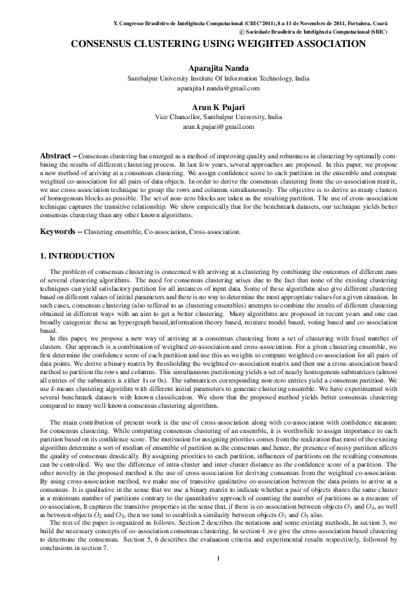 (PDF) Consensus Clustering Using Weighted Association | Aparajita Nanda - Academia.edu