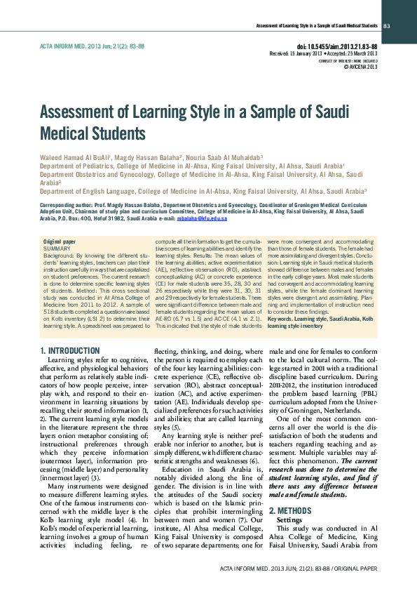 (PDF) Assessment of Learning Style in a Sample of Saudi Medical ...