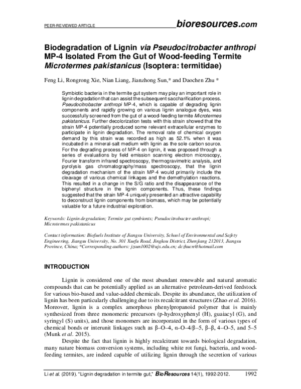 (PDF) Biodegradation of lignin via Pseudocitrobacter anthropi MP-4 ...